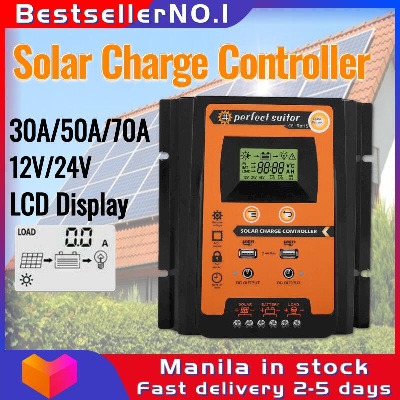 Solar Charger Controller 30A 50A 70A PWM 12V 24V Dual USB LCD Display ...