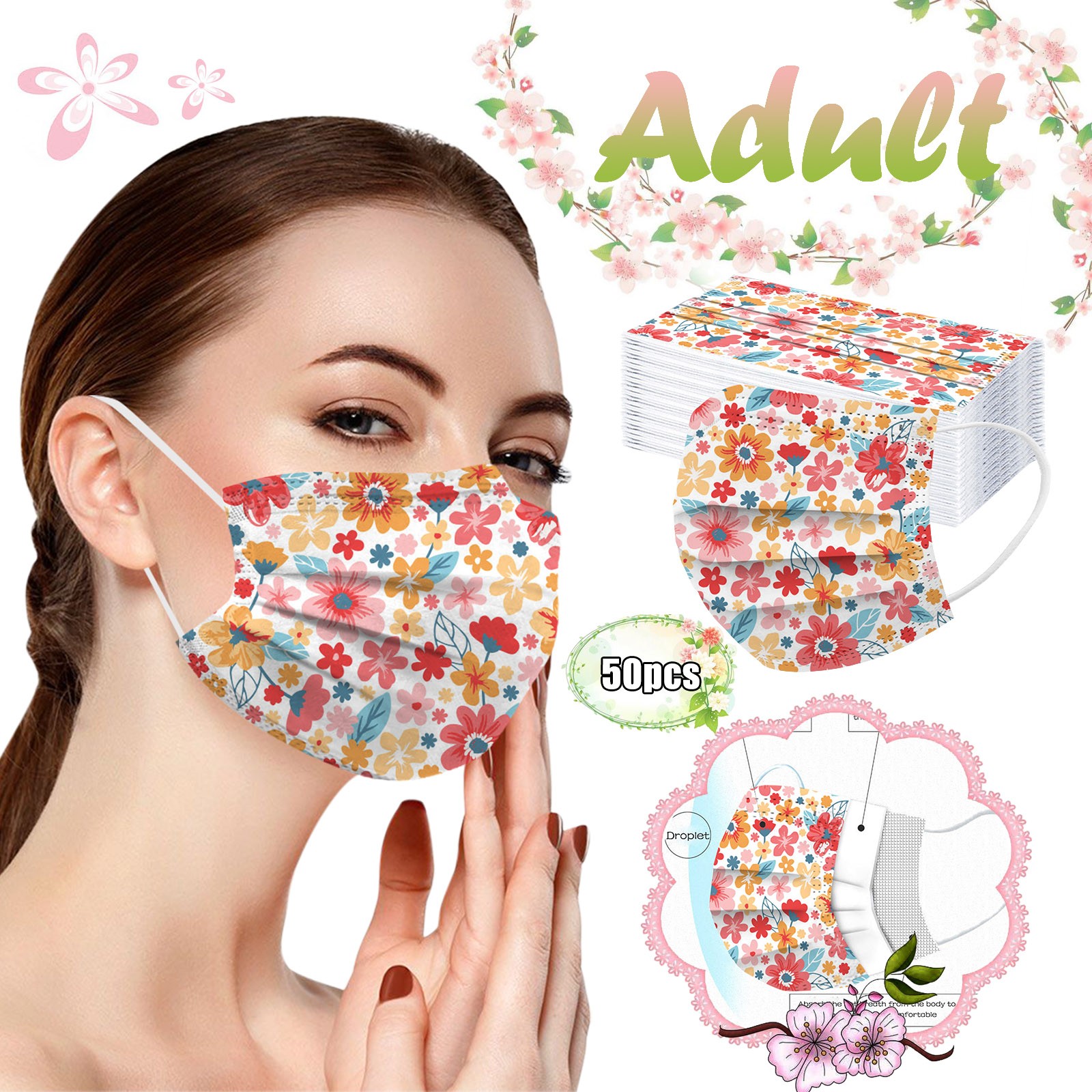 หน้ากากหน้าขาวแบบใช้แล้วทิ้ง50ชิ้น Adult'S Protection 3 Layer Print ...