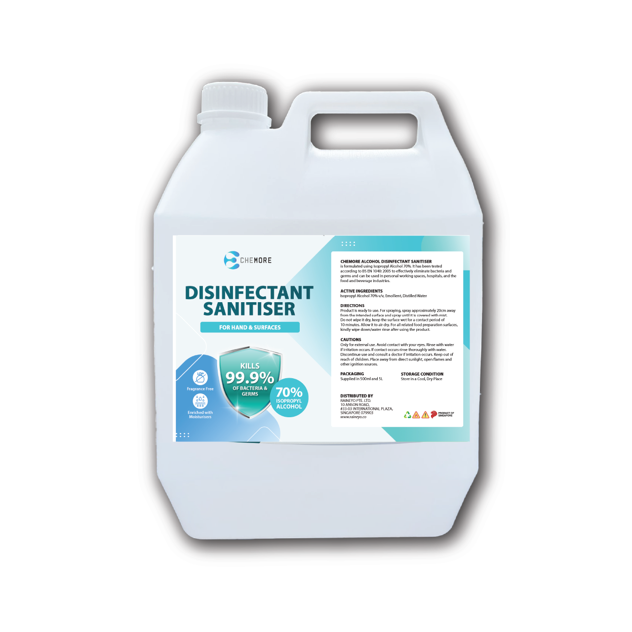 CHEMORE Sanitiser/Surface Disinfectant 70% Isopropyl Alcohol Based - 5L ...
