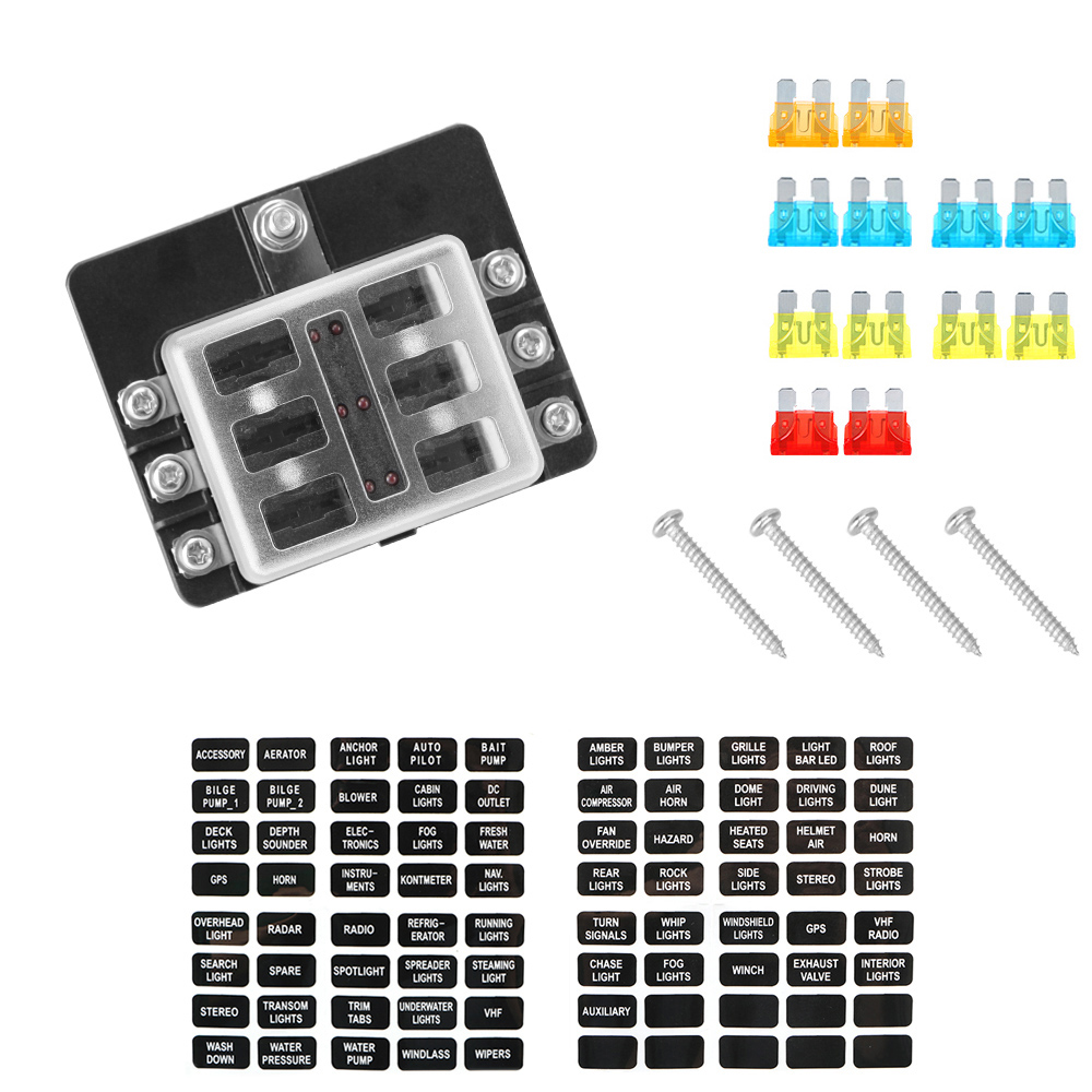 Fuse Box with LED Indicator Light DC 12V 6 Way Blade Fuse Holder for ...
