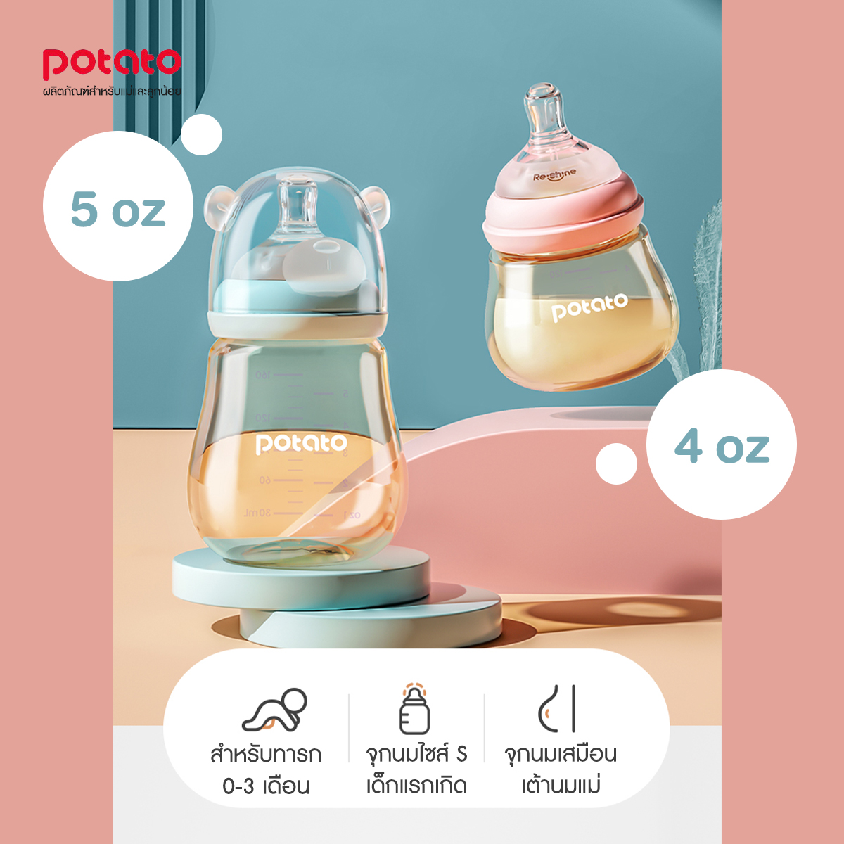 Potato ขวดนมคอกว้างพร้อมจุกนมซิลิโคน วัสดุPPSU ทรงน้องหมีสุดน่ารัก ขนาด 120ml(4oz),160ml(5oz ...