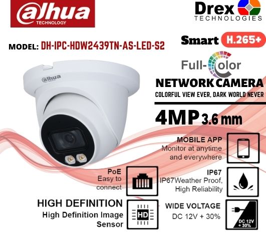 DAHUA DH-IPC-HDW2439TN-AS-LED-S2-LITE 4MP/3.6mm FULL-COLOR EYEBALL NETWORK CAMERA WITH BUILT-IN ...