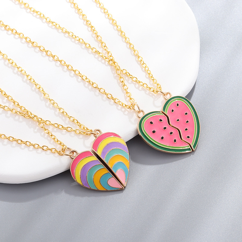 2Pcs/set Summer Watermelon Rainbow Magnetic Heart Pendant Best Friend ...