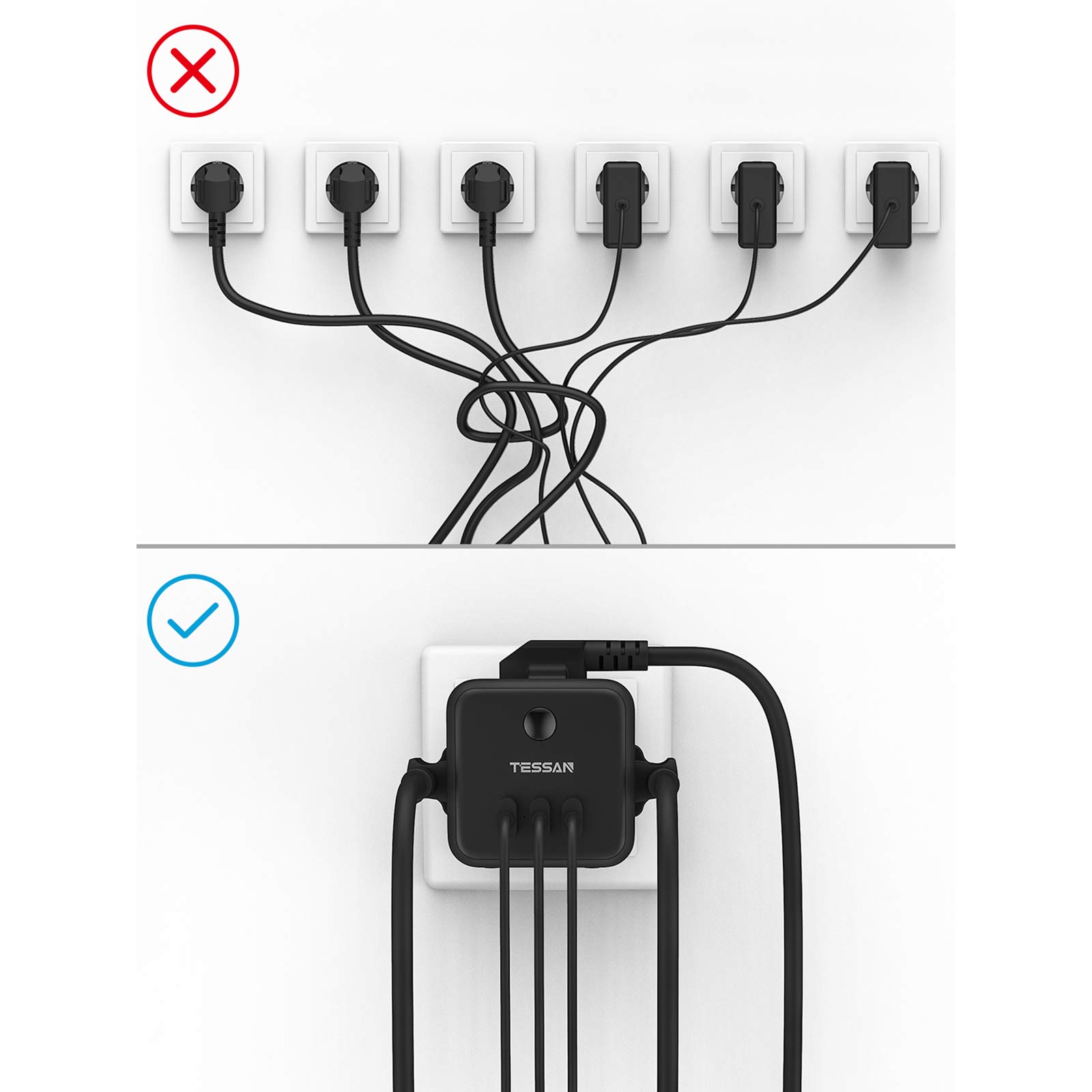 【Folio & Light】Tessan Black Cube Socket Power Strip With Switch 3 Eu ...