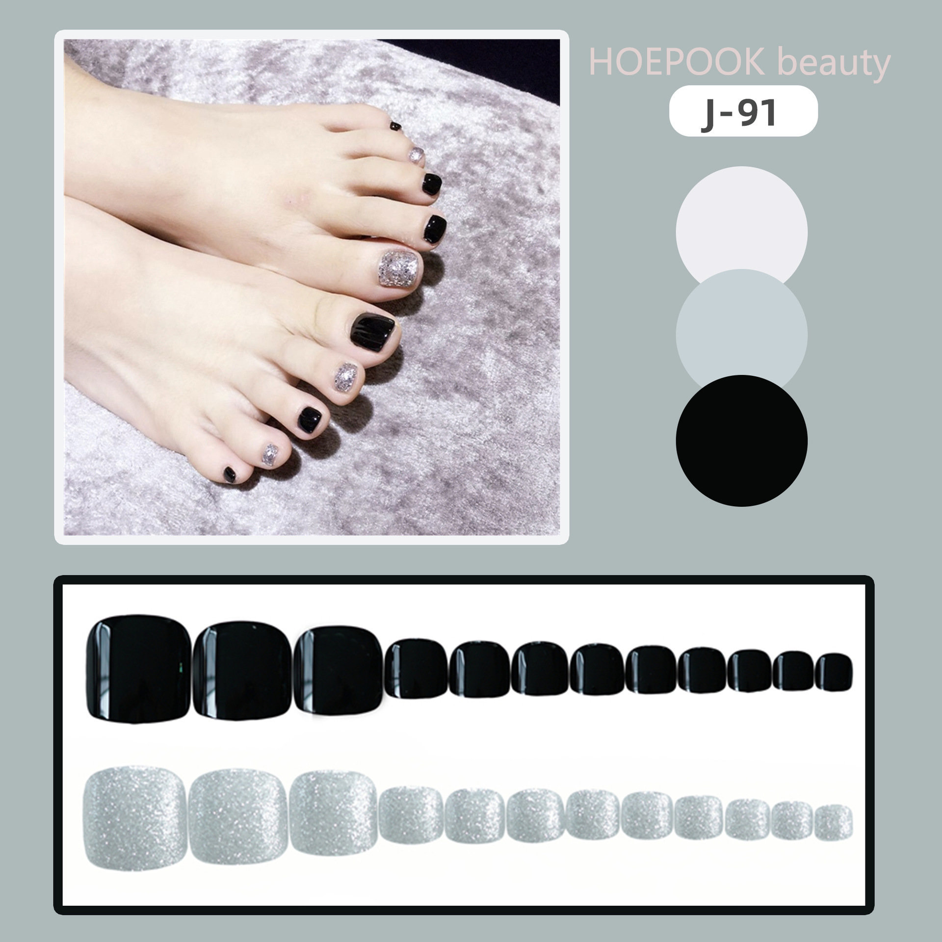 HOT 24pcs Black Silver Glitter Reusable Toe Nails Finished Removable ...