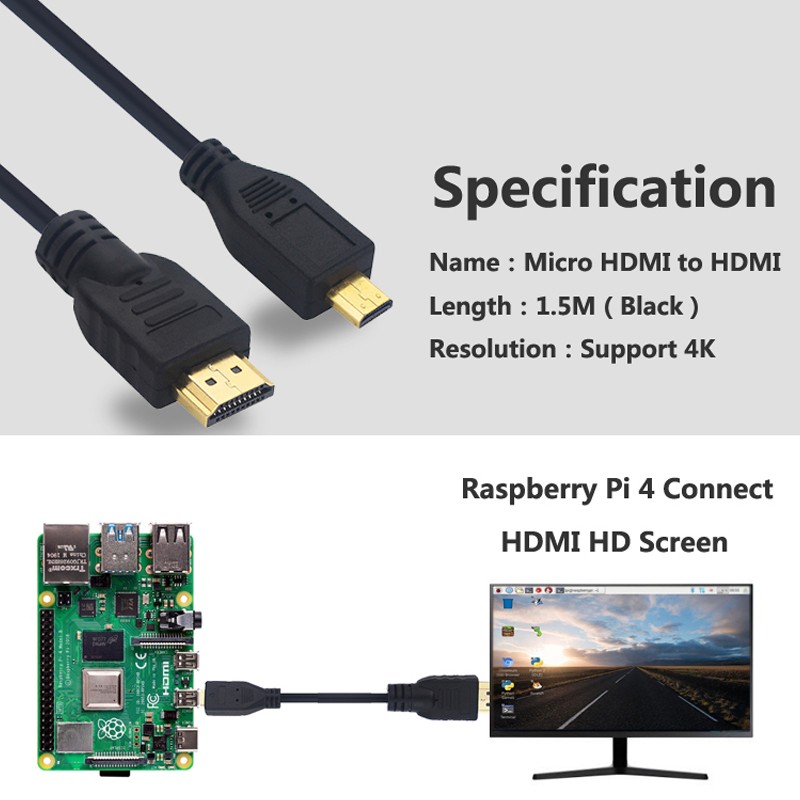 【Exclusive Discount】For Raspberry Pi 4 Micro HDMI to HDMI Cable 1.5M Glod-Plated 3D Cable ...
