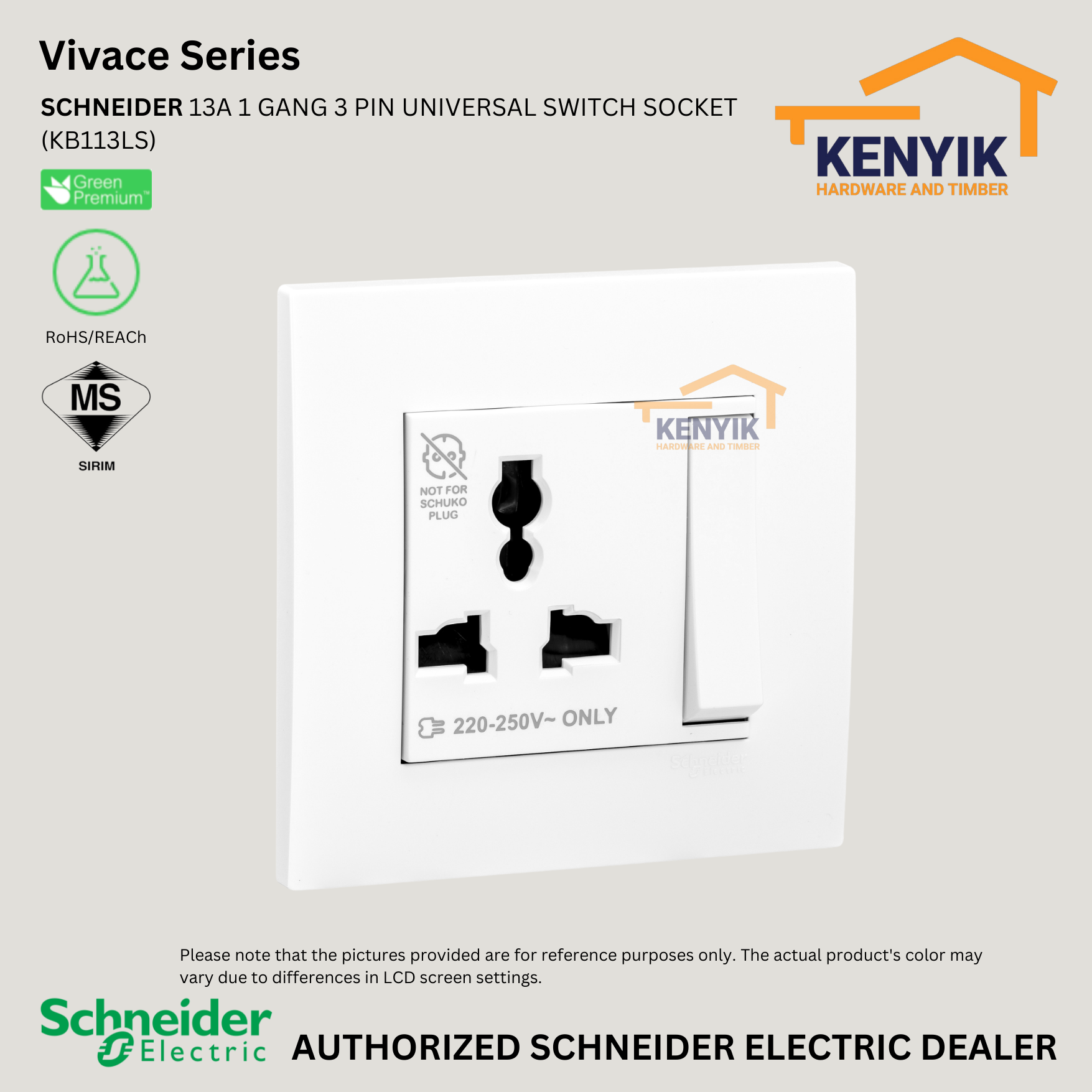 SCHNEIDER 13A 1-Gang 3 Pin Universal Switch Socket (Vivace Series ...