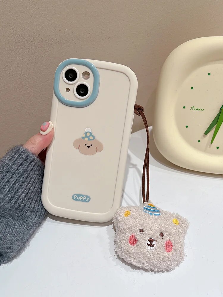 NEW Cute Cartoon Puppy With Plush Lanyard Milk White Case For iPhone 11 ...