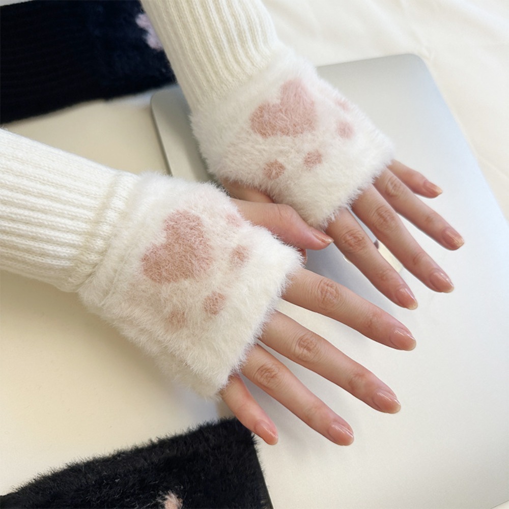 Cute Cat Paw Half Finger Gloves Soft Plush Fingerless Gloves Thicken ...