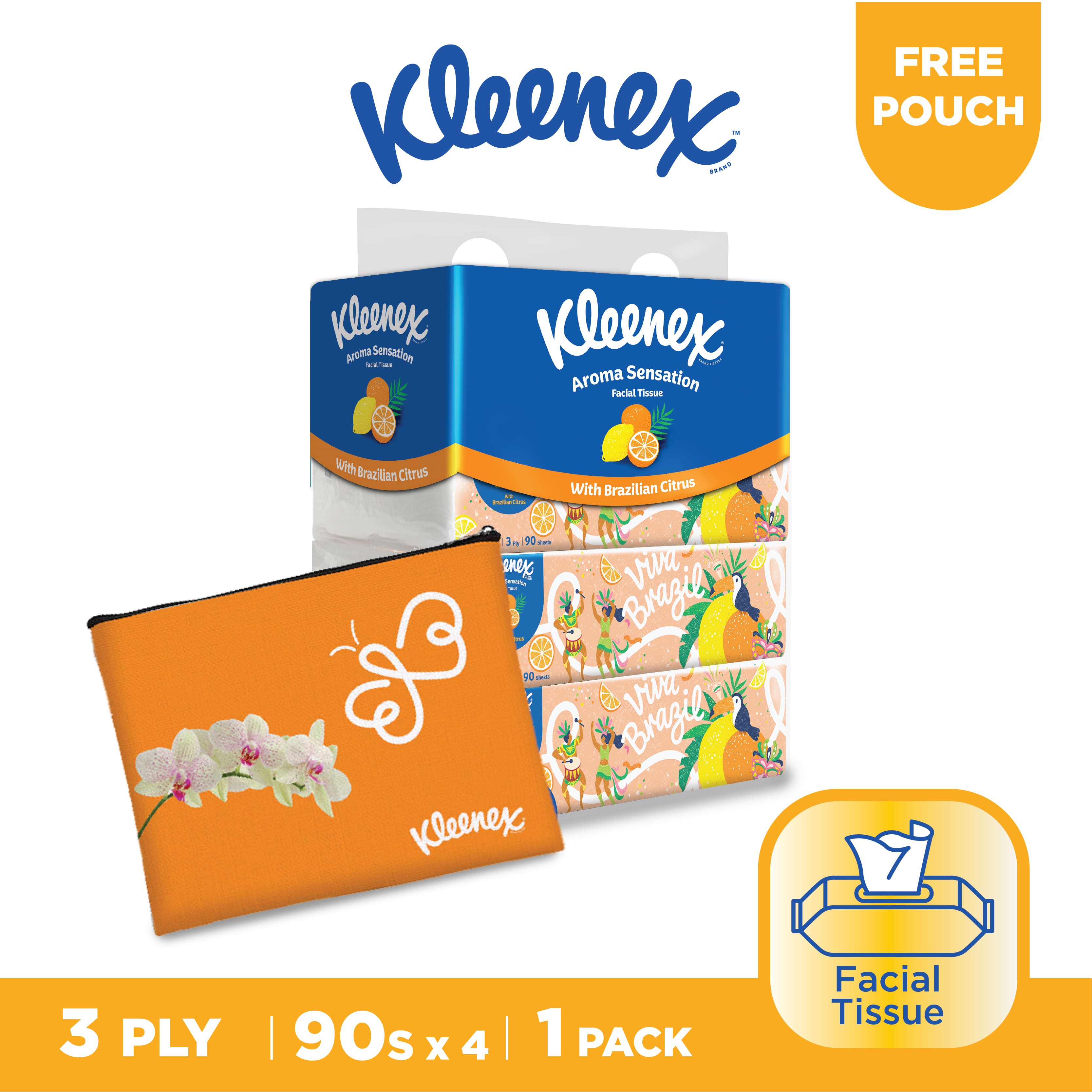 Kleenex Facial Tissue Brazil Citrus 3 Ply 90s [4 Packs] FREE Pouch ...