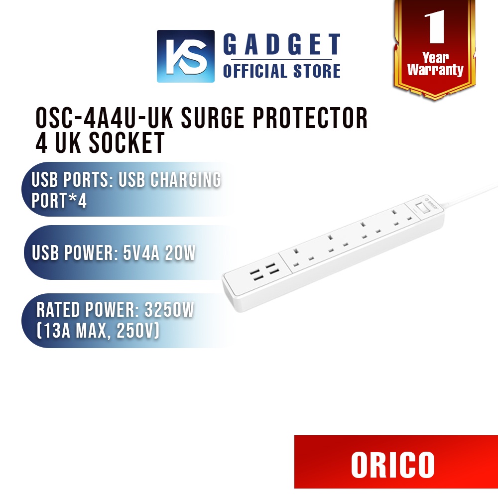 Orico OSC-4A4U-UK Surge Protector 4 UK Socket with 4 USB Charging Port ...