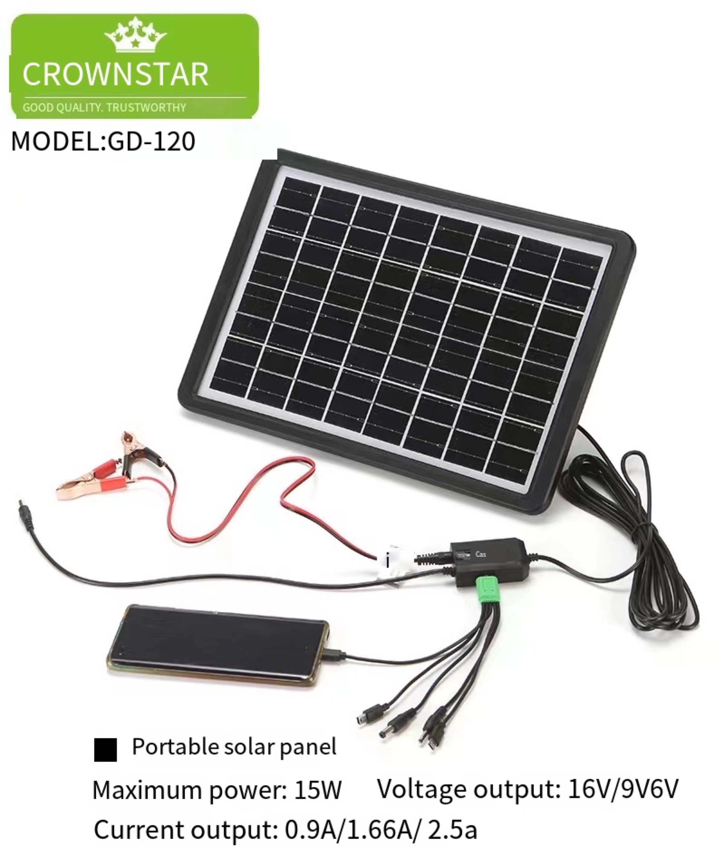 Crownstar GD-120 15W Solar Panel Multifuncitional and Portable 6V/9V ...