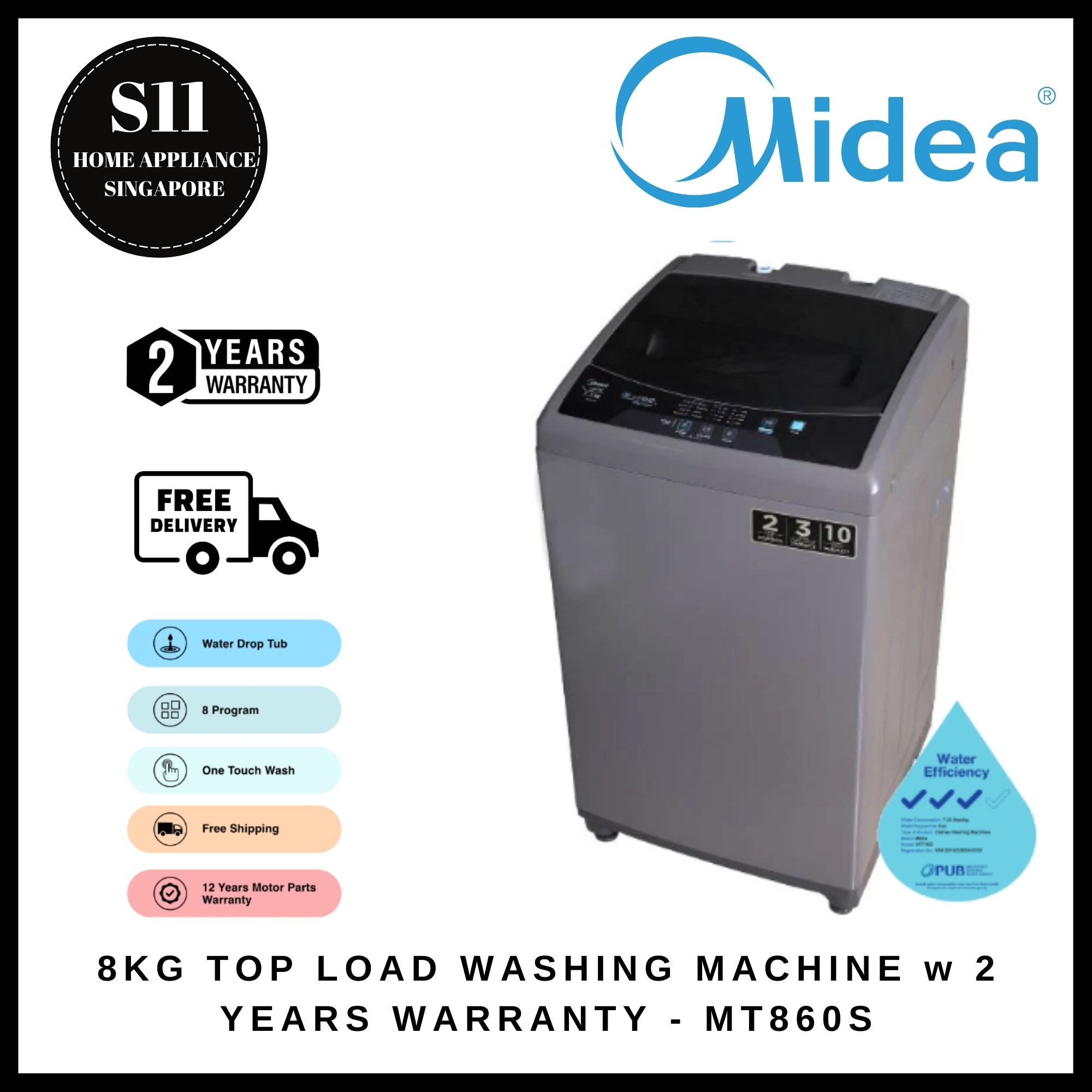 MIDEA MT860S 8KG TOP LOAD WASHING MACHINE - 2 YEARS MANUFACTURER ...