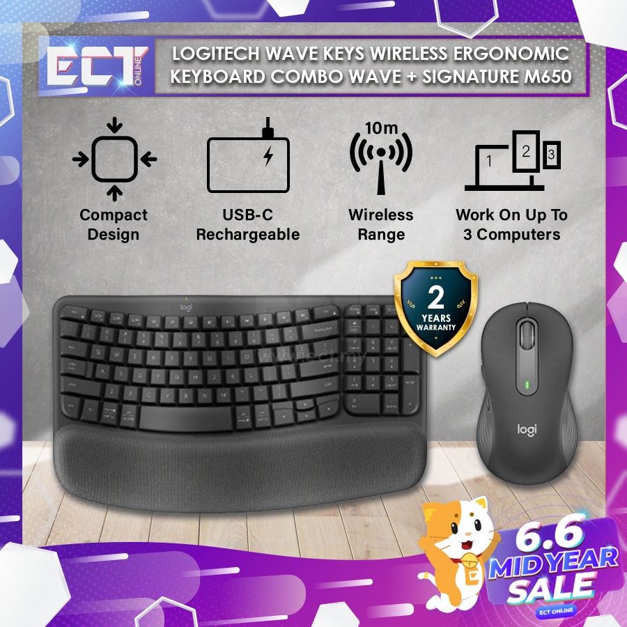 Logitech Wave Keys Wireless Ergonomic Keyboard with Palm Rest | Combo ...
