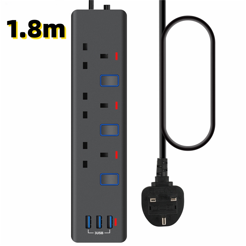 3 WAY 3USB Black White Malaysia Power Strip extension UK Plug socket 2 meter cable British ...