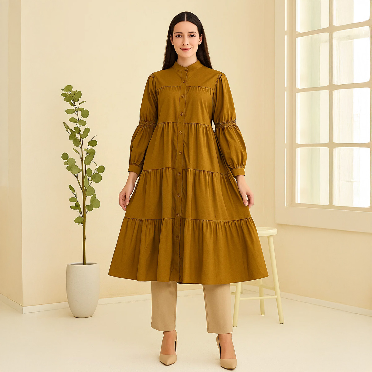 Casual Solid Color Frill Style Long Stiched Frock For Women & Girls ...