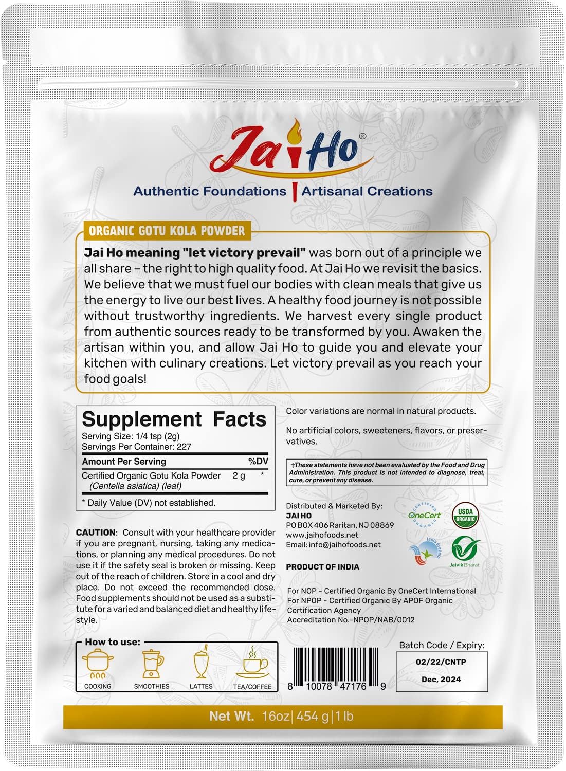 Jai Ho Certified USDA Organic Gotu Kola Powder - 1 LB - Gluten Free ...