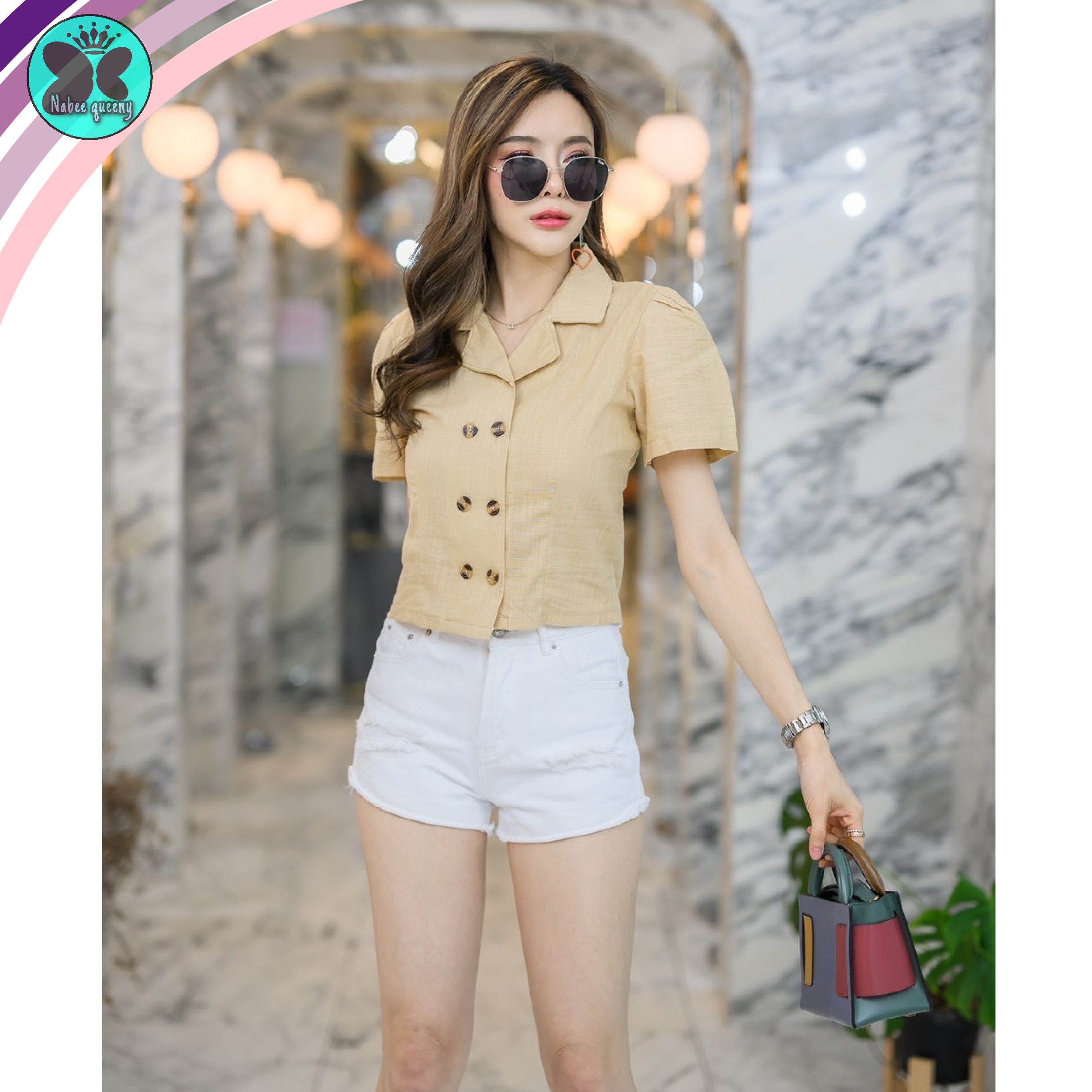 Nabee queeny เสื้อครอปแฟชั่น น่ารักทรงสวย แขนตุ๊กตา อก 38 นิ้ว งานป้าย duang dee - Nabee queeny ...