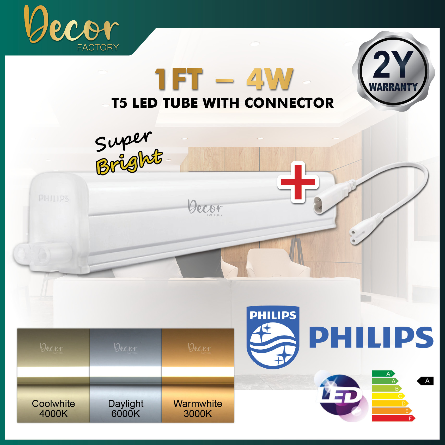 PHILIPS LED T5 Batten Lampu T5 1ft 4W / 2ft 7W / 3ft 9W / 4ft 13W Connector Cable | Lazada