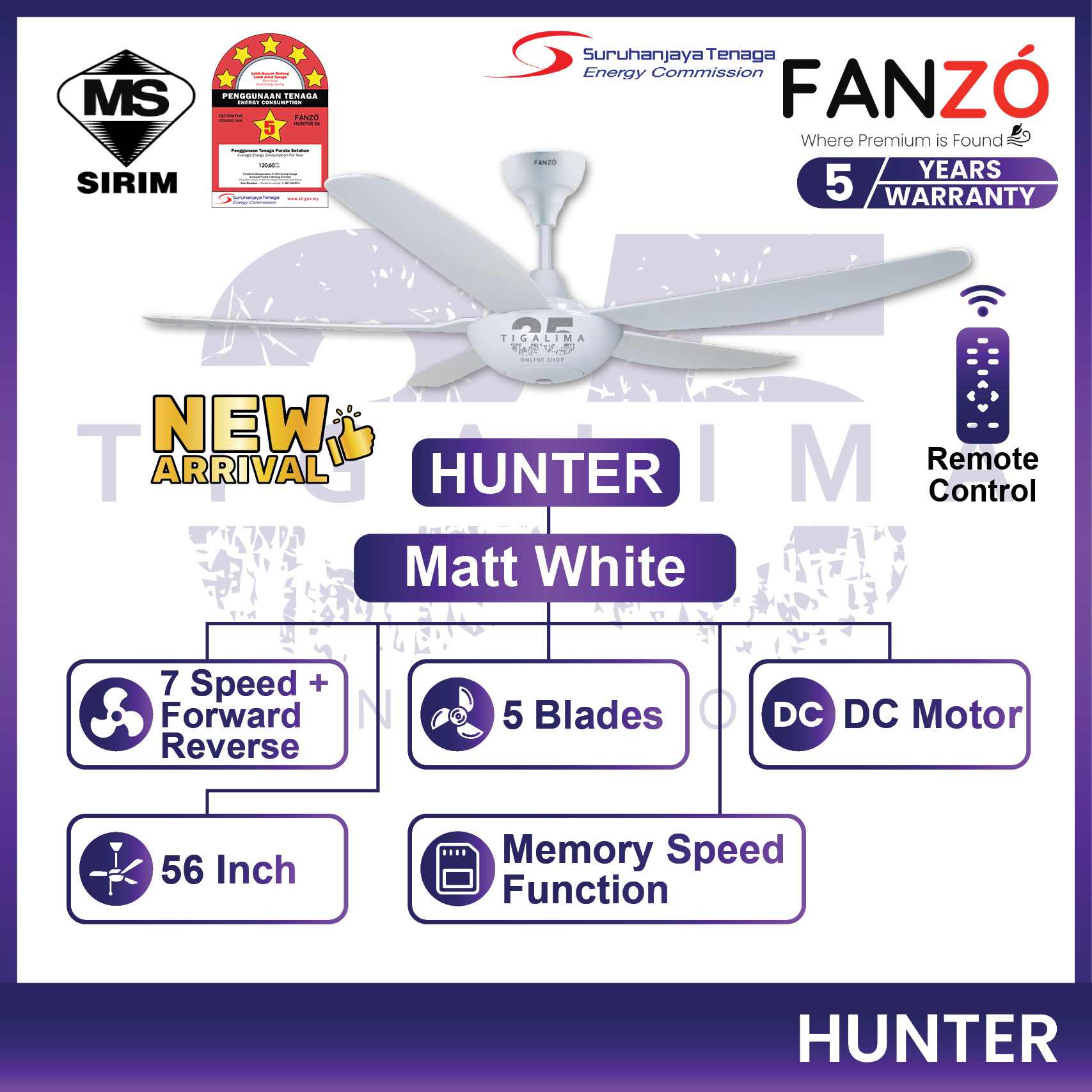 [NEW2023] FANZÓ Hunter Fan 56Inch 5 Blades 14 Speed DC Motor with ...