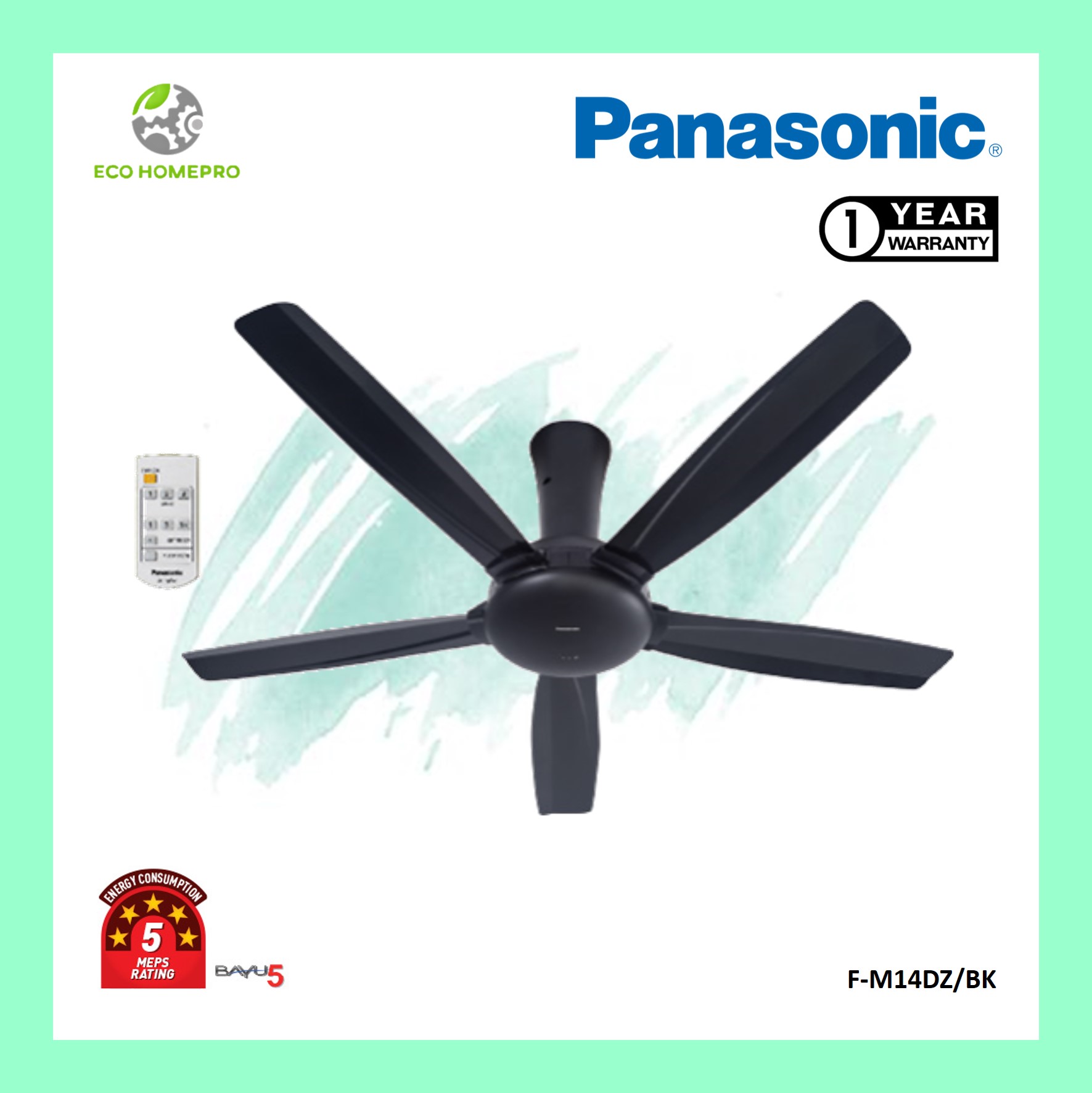 Panasonic 56" 5 Blade Ceiling Fan With Remote F-M14DZ/BK (BLACK) | Lazada