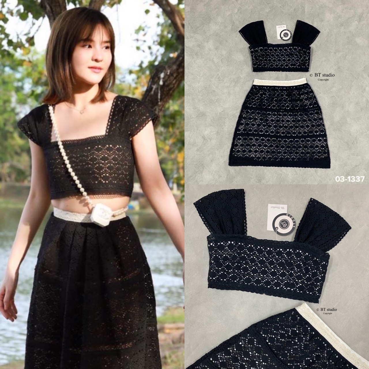 งานป้าย BT-Studio set 2ชิ้นเสื้อครอปสั้นลูกไม้สีดำมีซับใน แมทซ์กับ ...
