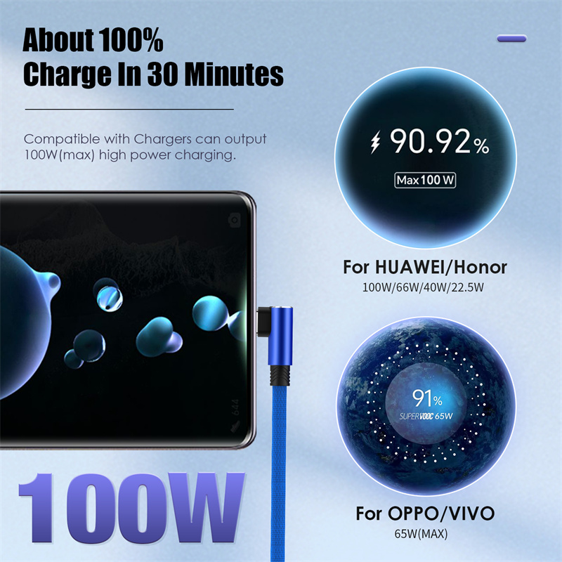 90 Degree 7A 100W USB Type C Cable 100W Fast Charging Wire For OPPO ...