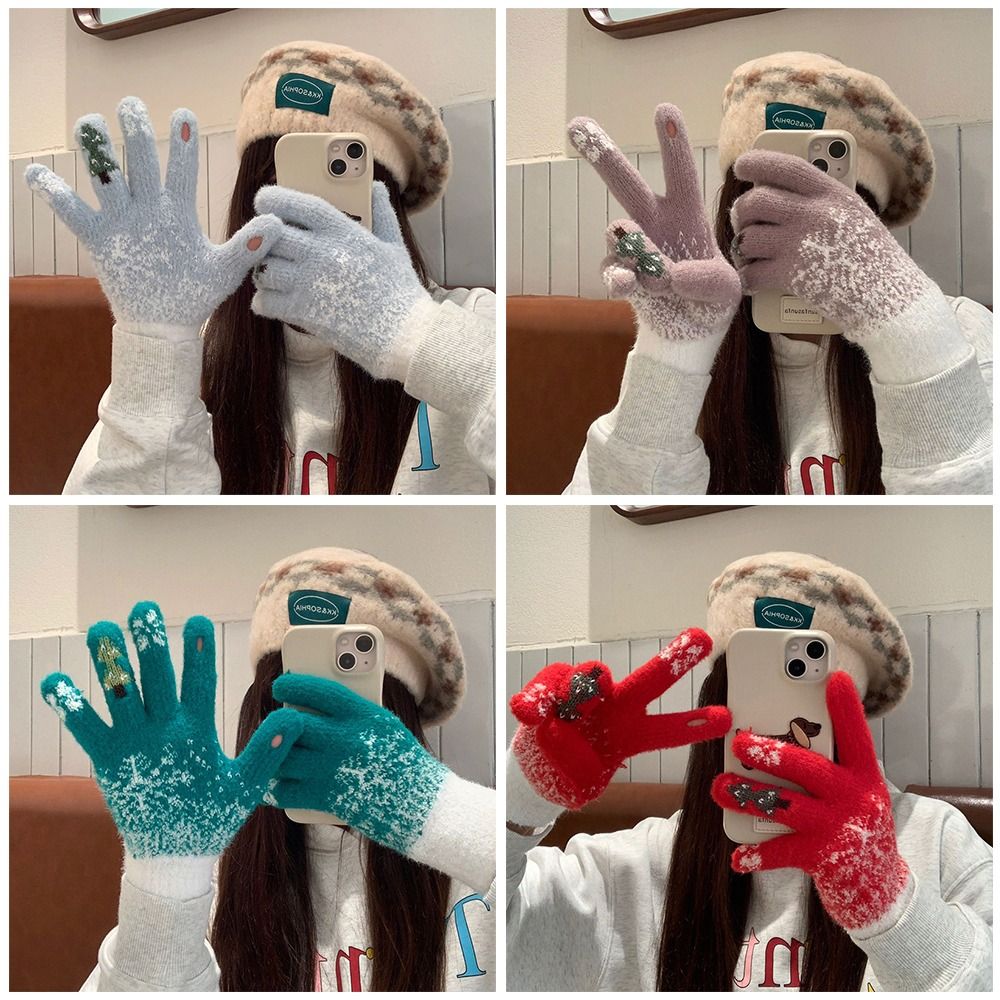 Cute Touch Screen Christmas Knitted Gloves Thicken Plush Women Mittens ...