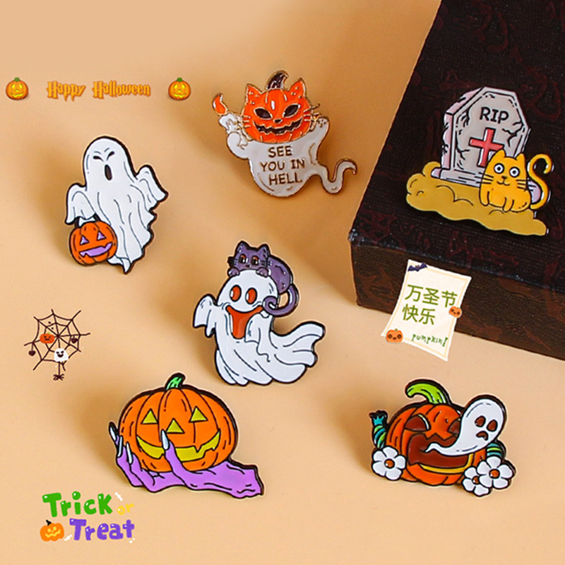 Cartoon Halloween Ghost Pumpkin Cat Metal Hairpin Badges Pins Backpack ...