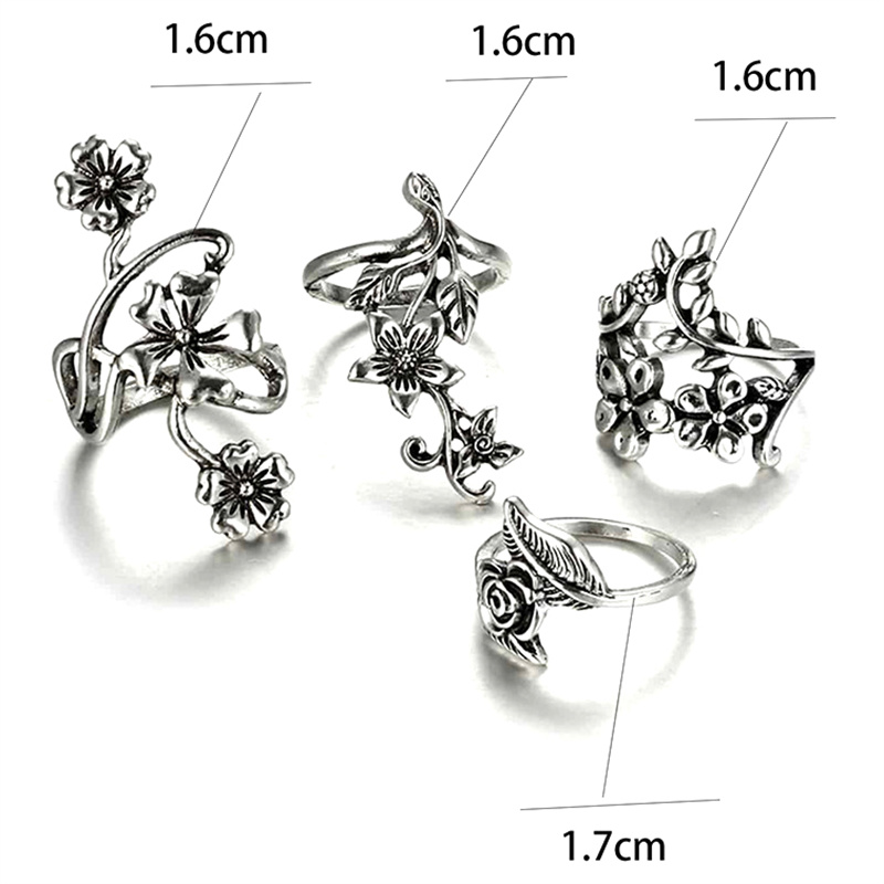 4PCS/Set Forest Vine Leaf Flower Ring Vintage Punk Antique Carved Midi ...