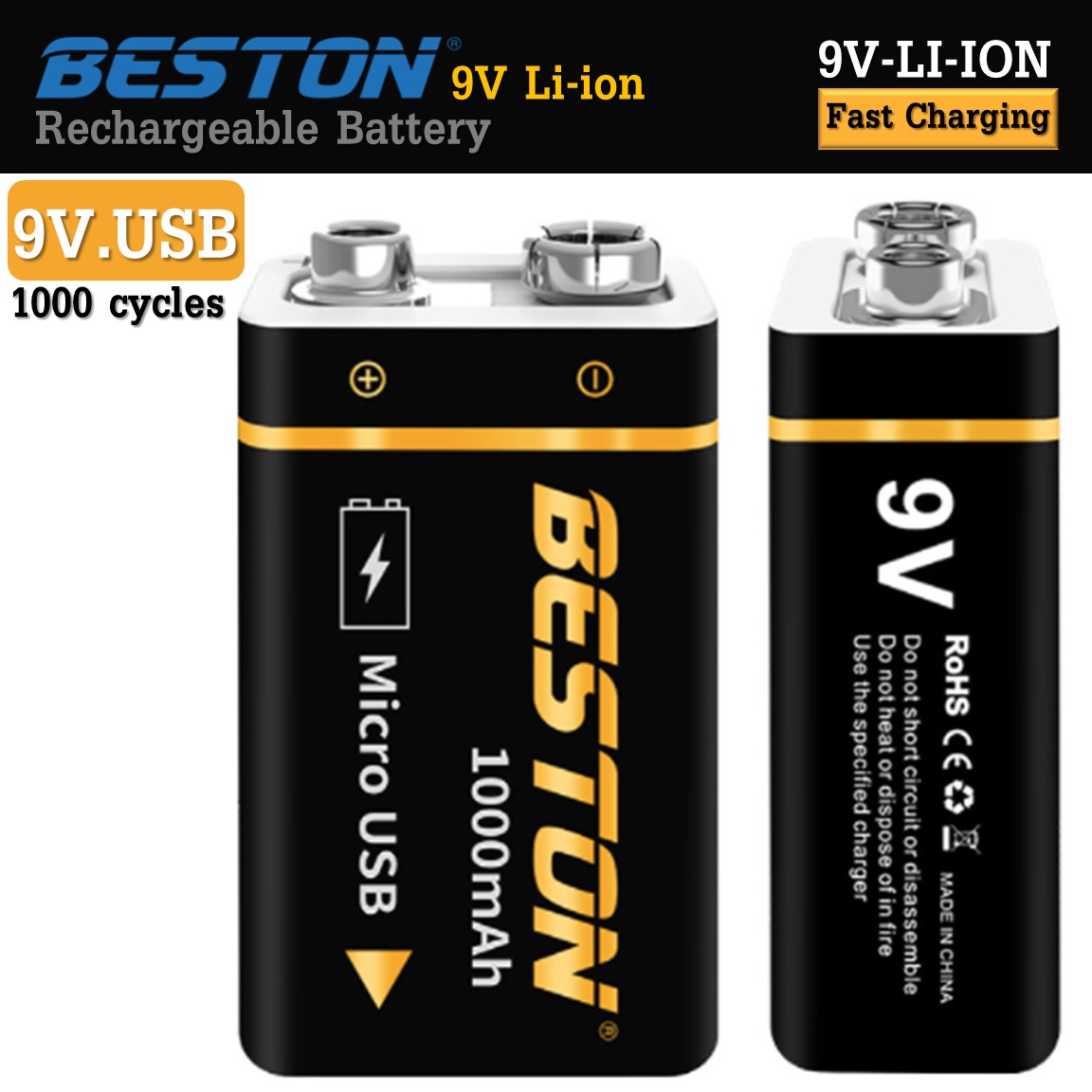 ถ่านชาร์จ BESTON 9V 1000mAh Micro USB Li-ion Battery 1 ก้อน คุณภาพสูง ...