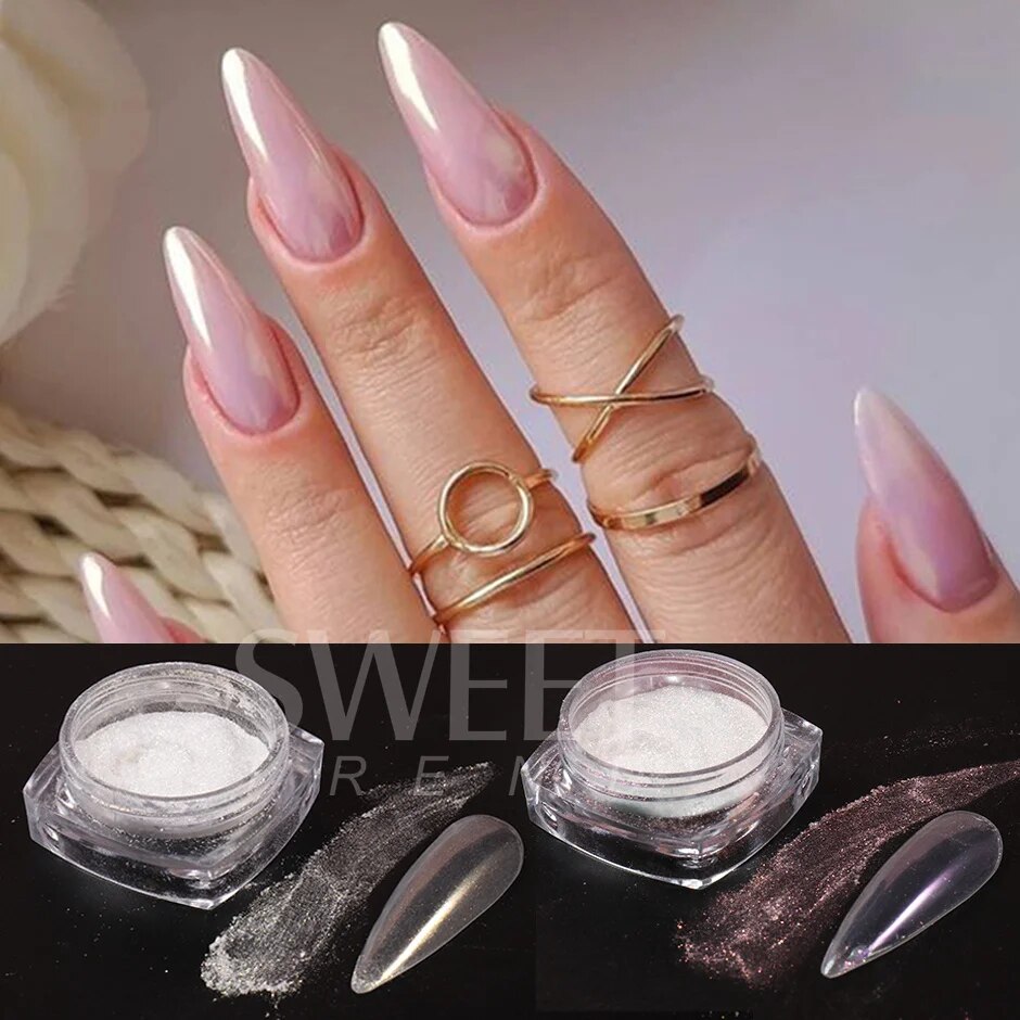 Mirror Mermaid Nail Powder Pearl White Moonlight Chrome Pigment Rubbing ...