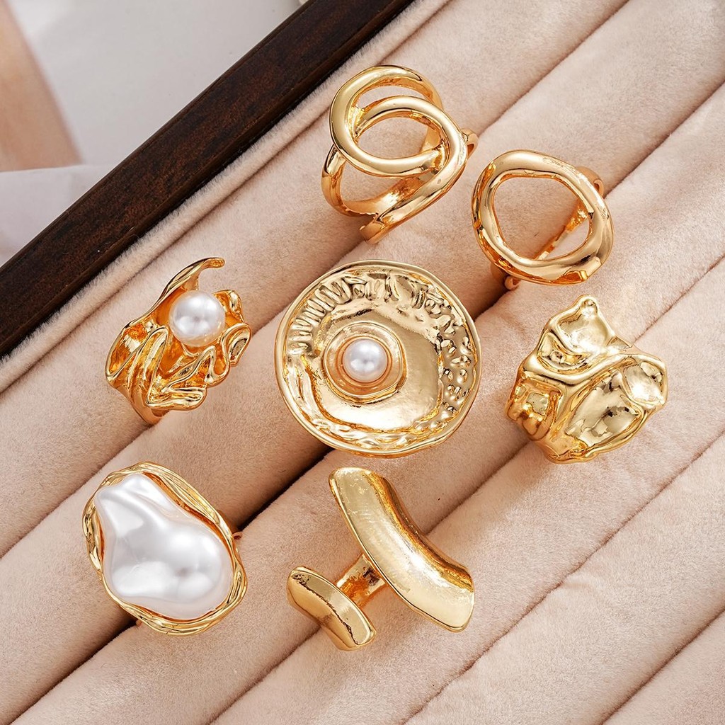 Enacolor Retro Punk Exaggerated Irregular Geometry Ring Set Gold Metal Pearl Joint Open Rings ...