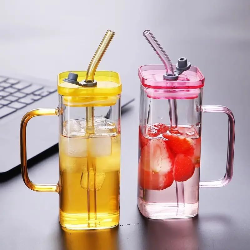 400ml Clear Borosilicate Glass Cup with Multicolor Handle, Acrylic Lid ...