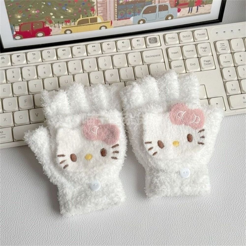 New Sanrio Hello Kitty Writing Gloves Plush Warm Flip-Top Fingerless ...