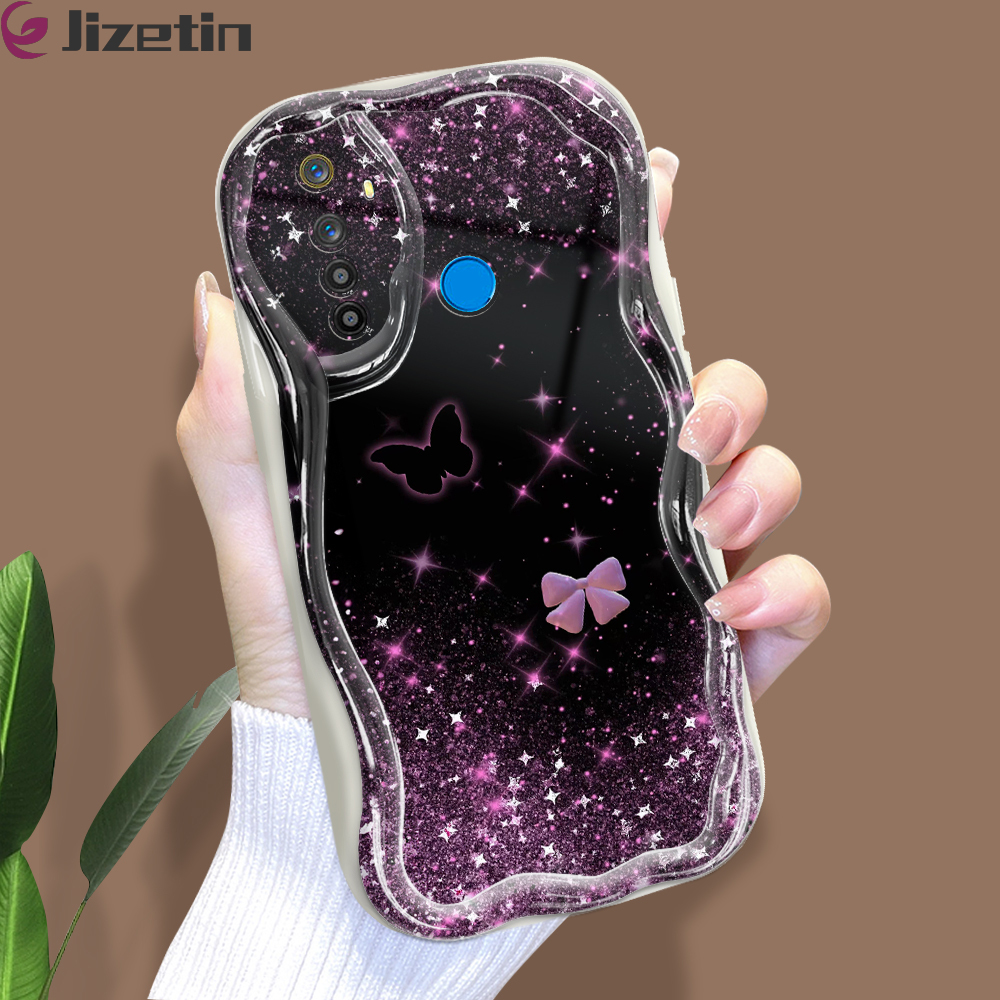 Jizetin for Realme 5 5s 5i 6i Back Cover Pink Purple Glitter Cream Wavy ...