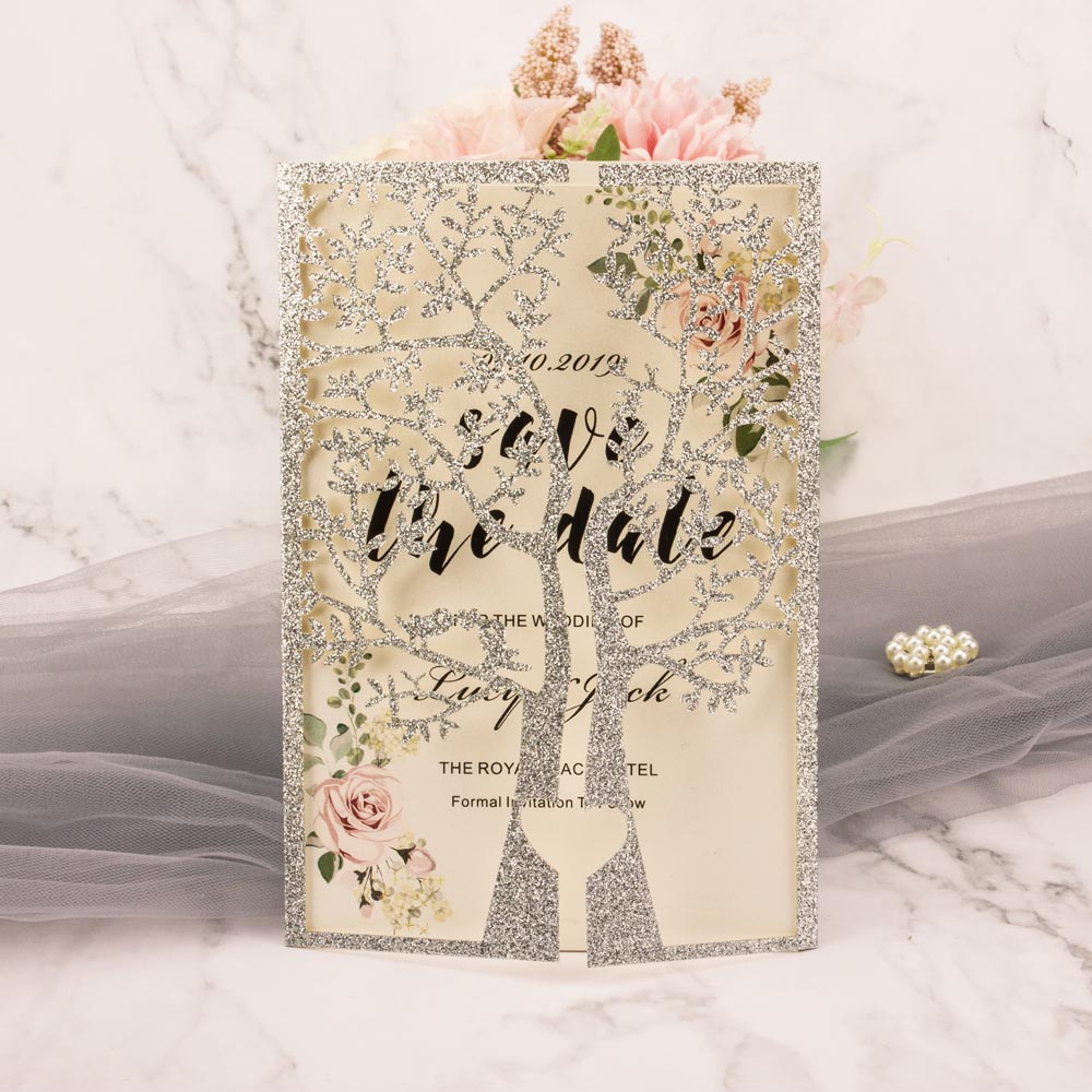 1X White Navy Blue Gold Silver Glitter Hollow Tree Cut Pocket Sleeve ...