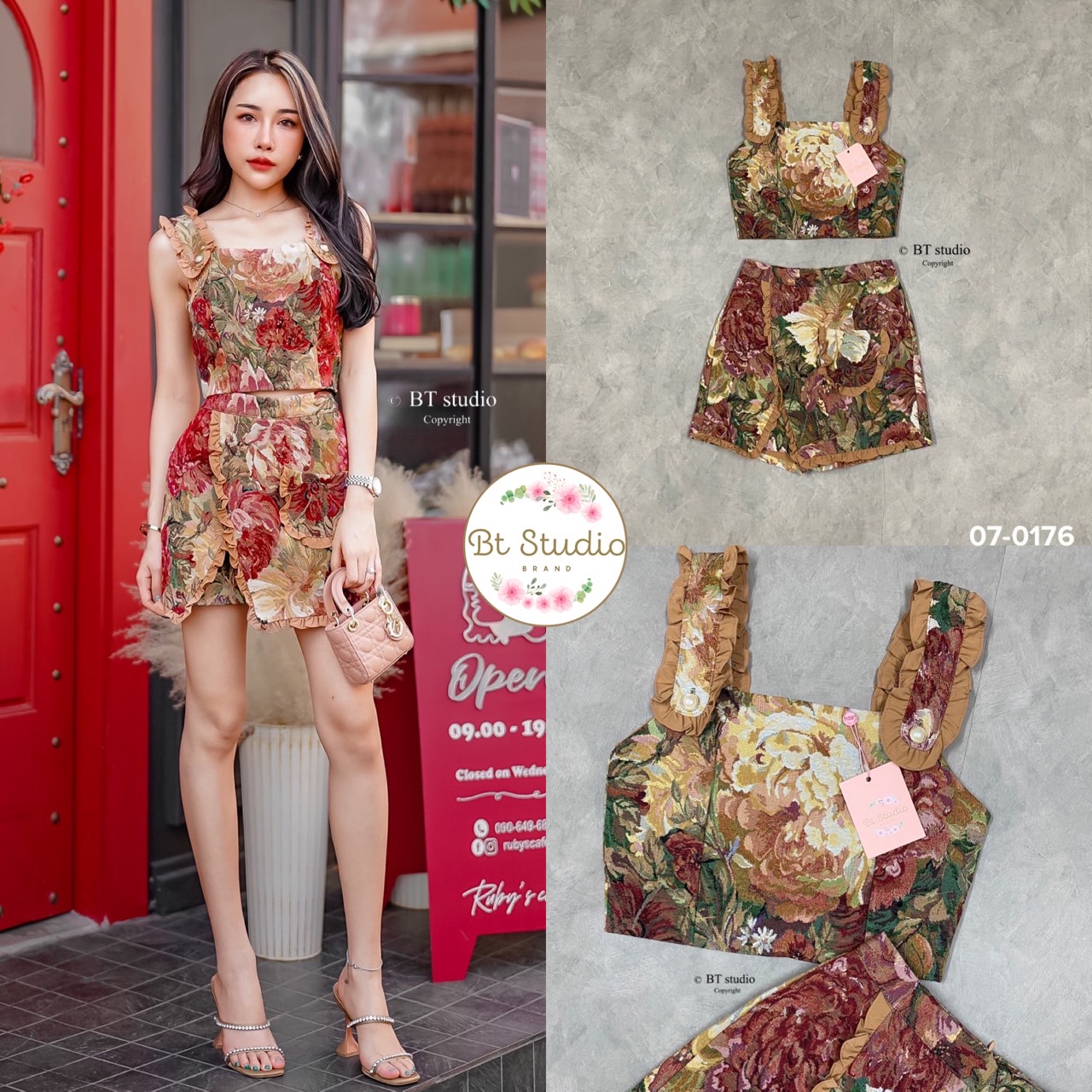 งานป้าย BT-Studio set 2ชิ้นเสื้อครอปสายเดี่ยวแต่งระบายสีน้ำตาลกระดุมมุข ซิปหน้าแมทซ์กับกางเกงขา ...