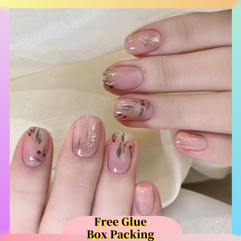 BTS【WITH GLUE】24Pcs Flower Fake Nails DIY Art Design False Nails ...