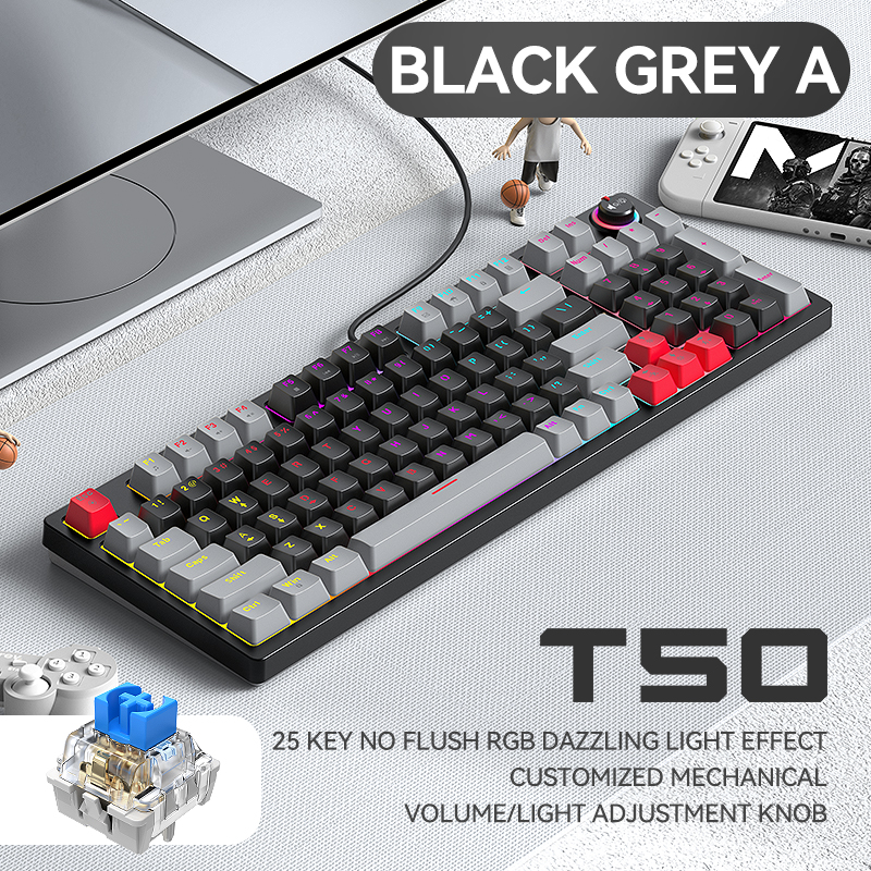 T-Wolf T50 Wired Mechanical Gaming Keyboard With Knob Design 97 Keys ...