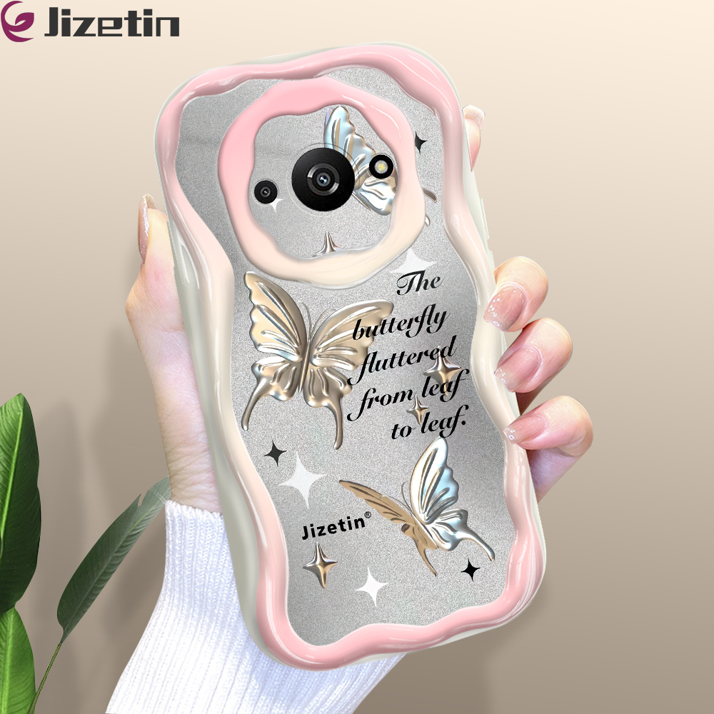Jizetin for Redmi A3 A3x Back Cover Golden Butterfly Cream Wavy Edge ...