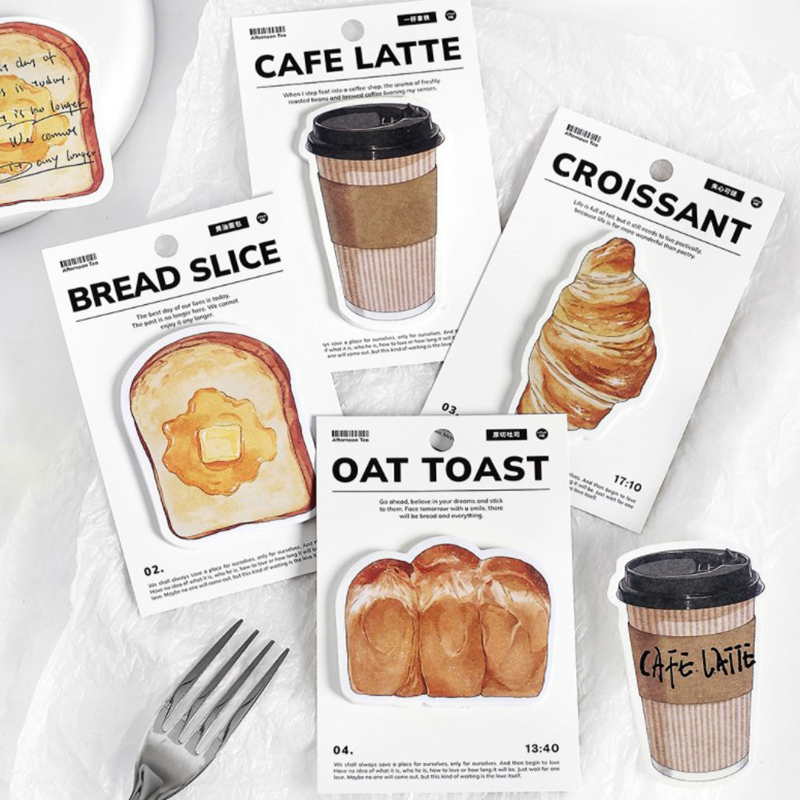 30 Pcs Cartoon Sticky Notes Kawaii Bread Toast Coffee Memo Pads Sticker ...