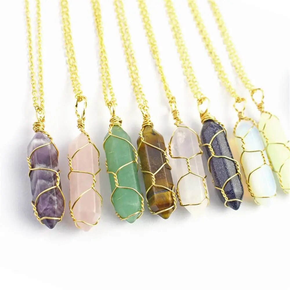 Natural Stone Pendant Necklaces Hexagonal Column Quartz Necklaces ...