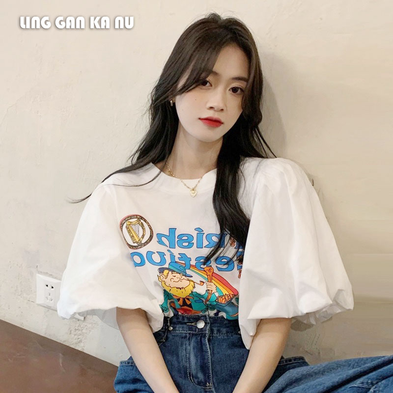 LING GAN KA NU ผู้หญิงพัฟแขนเสื้อออกแบบเสื้อยืด 2022 IG สไตล์แฟชั่นฤดู ...