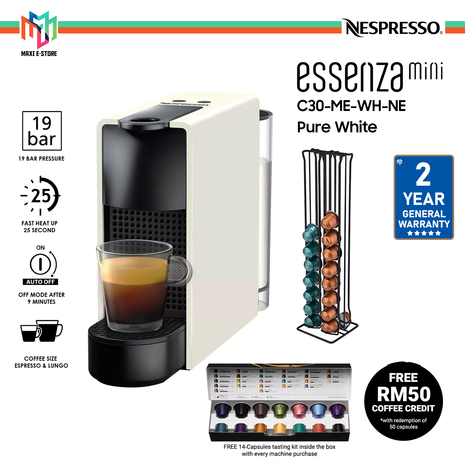 [FREE CAPSULE HOLDER - RANDOM COLOR] Nespresso C30-ME-WH-NE Essenza ...