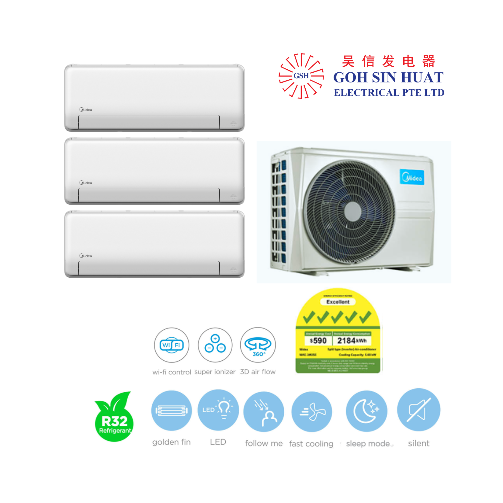 [Bulky] Midea 5 Ticks System 3 R32 gas Air Con Air Conditioner MAE-3M25E x 1/ MSE1D-09 x 2 ...