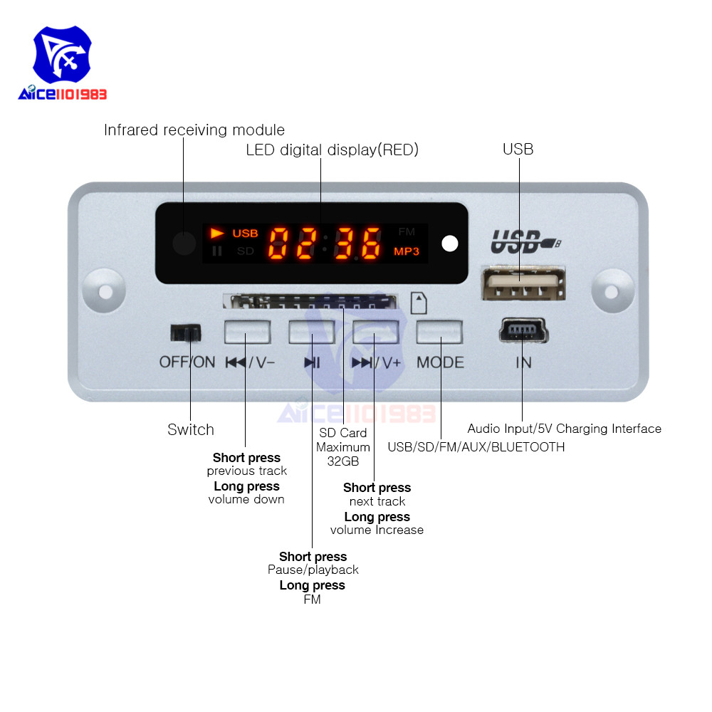 MP3 Player Bluetooth Decoder 5V Infrared Remote Control with LED Digit ...