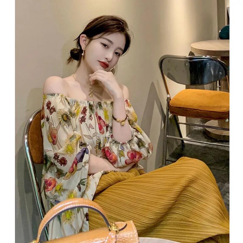 EDQRDQ เสื้อเบลาส์ลายดอกไม้ของผู้หญิง,เสื้อเชิ้ตผ้าชีฟองแขนโคมไฟเปิด ...