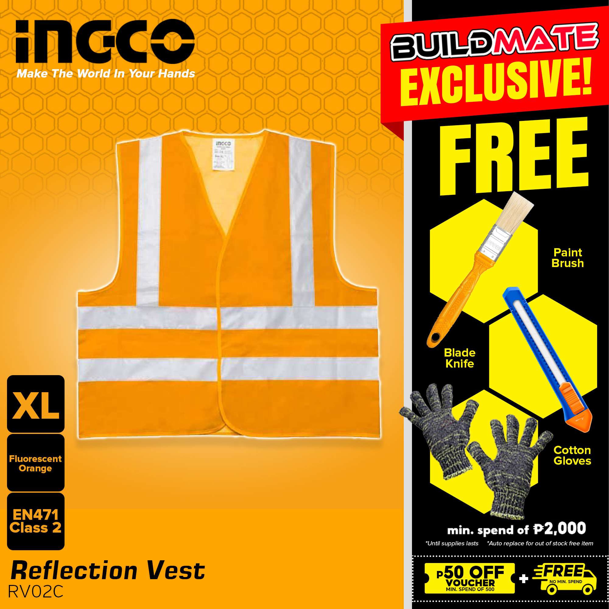 BUILDMATE Ingco Reflection Vest Fluorescent Yellow 5cm XL With ...