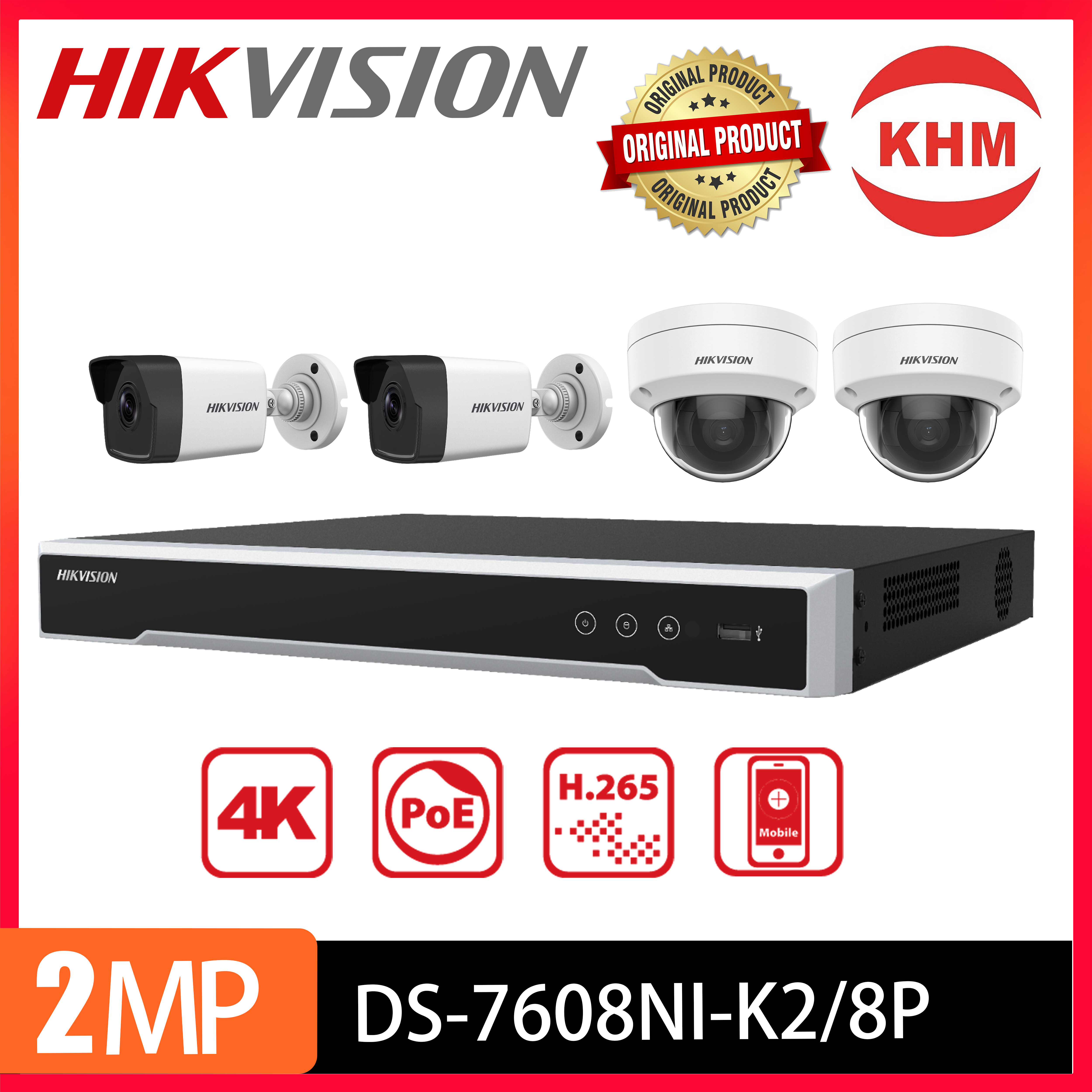 Original HIKVISION Package include 4K NVR 2MP PoE 2.8mm IP Camera 4TB ...
